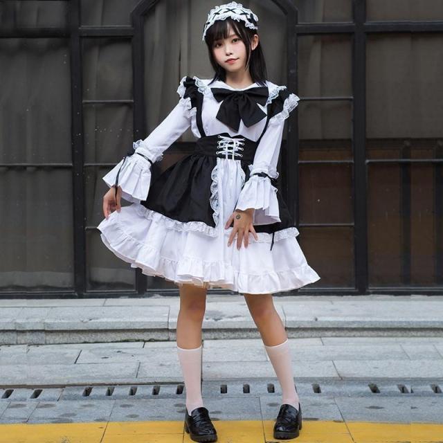 メイド服 長袖 黒 3点セット 大きいサイズ 可愛い メイド コスチューム カフェ イベント 学園祭 文化祭 宴会 ワンピース