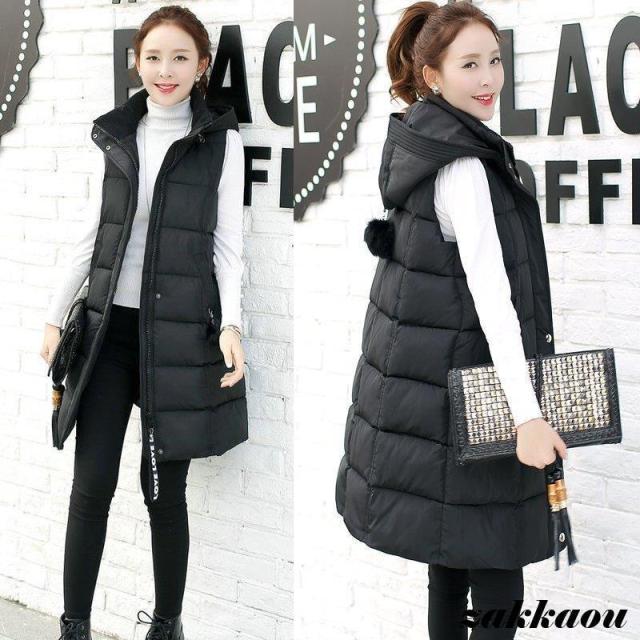 レディース ダウンベスト ロング丈 厚手 暖かい ダウン 女性用 秋冬 フード付き 中綿ベスト