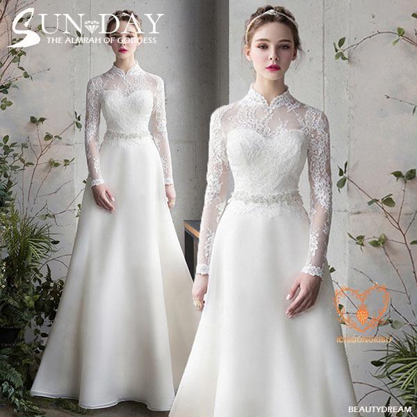 ウェディングドレス 長袖 ウェディングドレス白 パーティードレス 花嫁ロングドレス 簡約 長袖 露背 結婚式 二次会 エレガント 透し彫レース 挙式 姫系hs4529