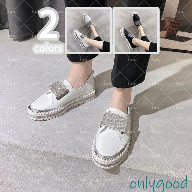 スリッポン レディース スニーカー 厚底 サイドゴア ビジュー カジュアル おしゃれ ローヒール 黒 マジックテープ 春夏秋 冬 キラキラ フラットシューズ