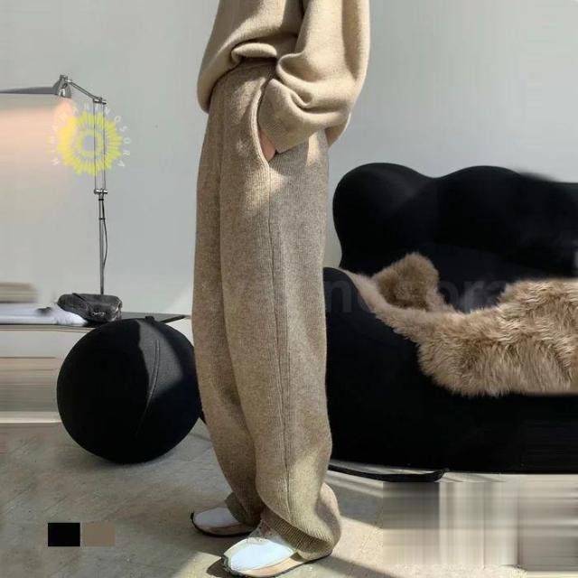 ニットパンツ レディース リブパンツ ウールパンツ ワイドパンツ リブニット ワイドパンツ ウエストゴム リブニットパンツ 春 冬 厚手 リブ ストレートパンツ イ