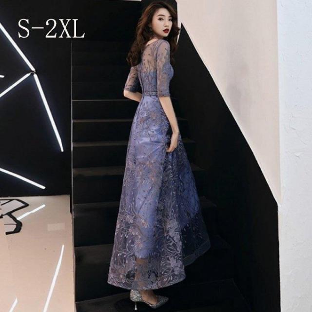 パーティードレス ロングドレス フォマール 結婚式 演奏会 袖あり ネイビー ブラック ロング丈 ワンピース レース 大人 上品 お呼ばれ 食事会 二次会