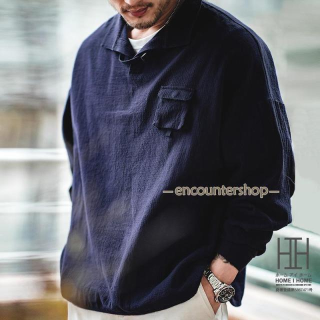 ポロシャツ メンズ 長袖 ガーゼ大きいサイズ ネイビー プルオーバーシャツ 綿100 ゆったりラウンド裾 スリット入り 20代 30代 40代 50代 60代 メンズファッショ