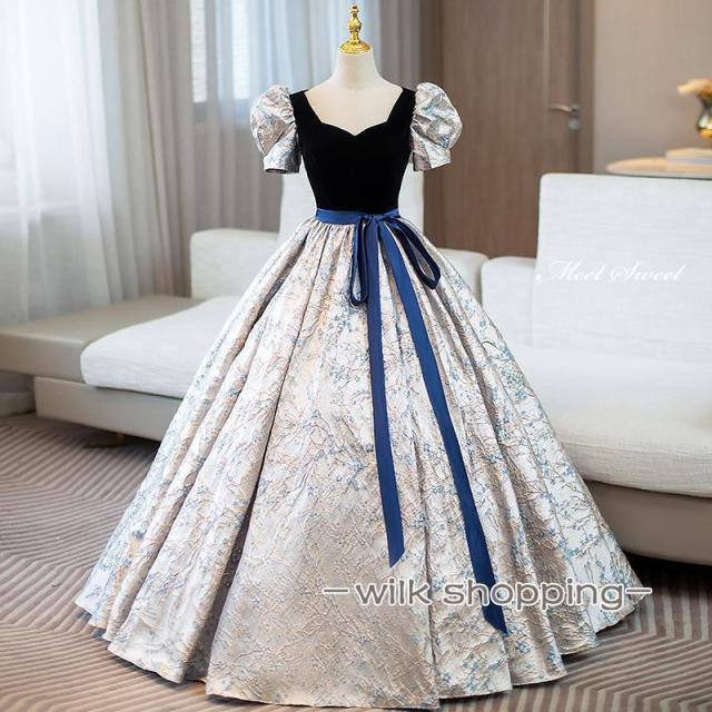 カラードレス プリンセスライン ネイビー パフスリーブ 半袖 花柄 ロングドレス ウェディングドレス 結婚式 二次会 花嫁 前撮り 演奏会 発表会 ステージ衣装