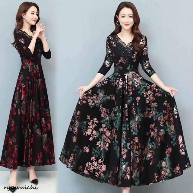 ワンピース 花柄 長袖 ウエスト切替 ファスナー ロングワンピース セレブコーデ 母親 卒園式 学校行事 ディナー ワインイベント お呼ばれ 演奏会