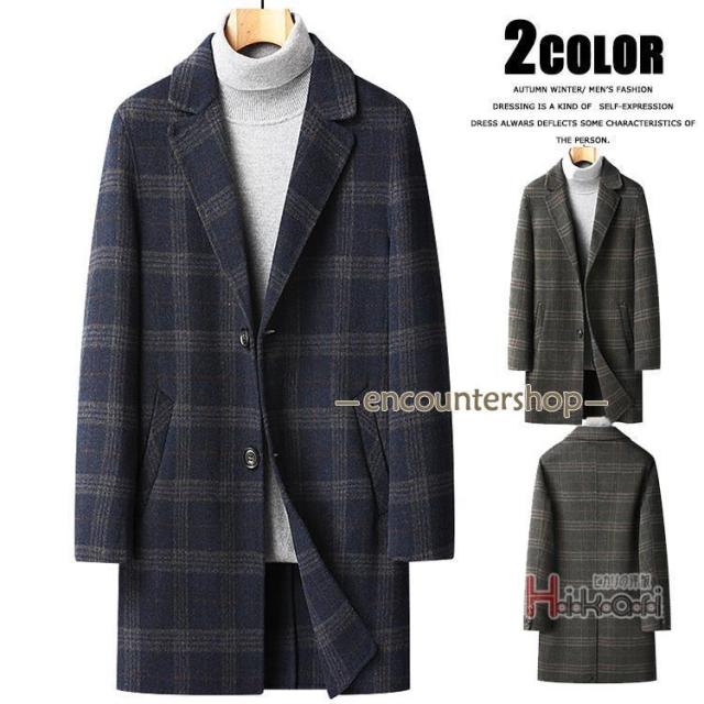 チェスターコート メンズ ウール チェック柄 コート ロングコート 厚手 防寒 冬服 ビジネス スリム 高品質 おしゃれ