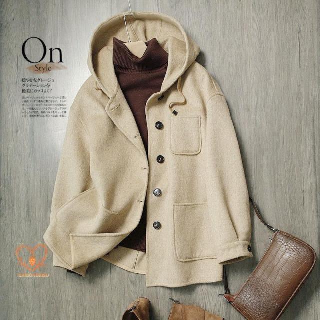 ウールコート フード付きダブルフェイクコート カシミア 無地 レディース ショート丈 秋服 シンプル 冬服 防寒対策 保温 冬服物 アウター