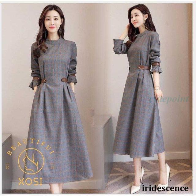 パーティードレス 結婚式 マキシ丈ワンピース 大きいサイズ お呼ばれ 二次会 披露宴 フォーマル 50代 40代 30代 袖あり OL 服装 ミセス レディース チェック柄