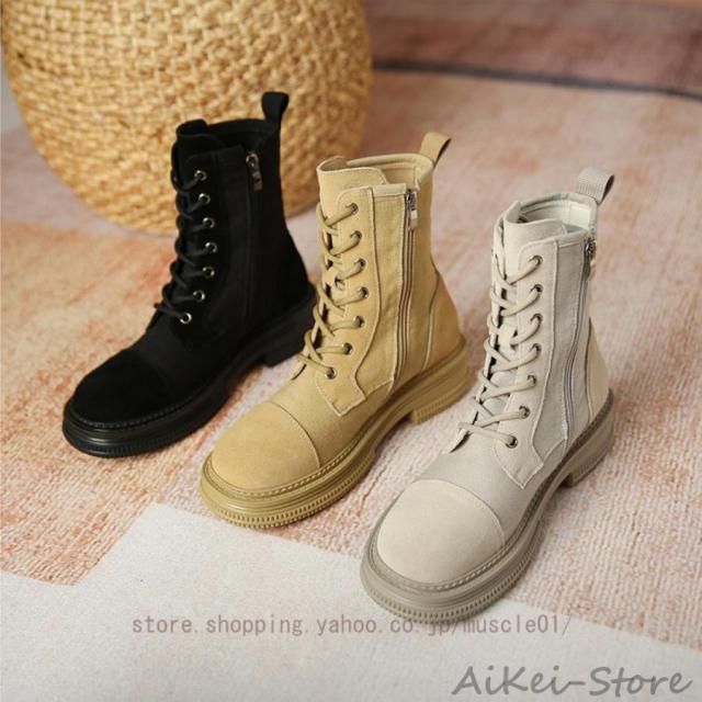 ショートブーツ レディース ラウンドトゥブーツ ミドルブーツ キャンバス 編み上げブーツ 厚底 ローヒール 美脚 履きやすい 痛くない 柔らかい 疲れない