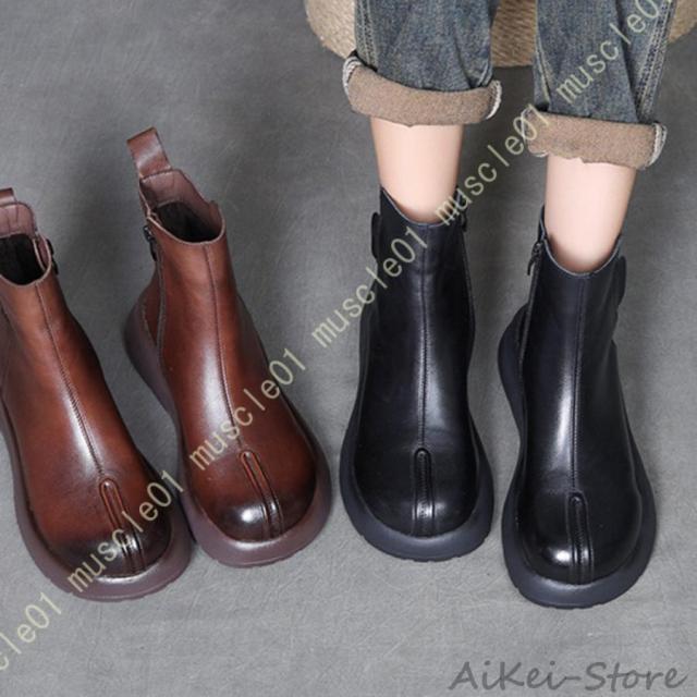 ショートブーツ 厚底ブーツ レディース 歩きやすい 厚底 軽量 幅広 本革 サイドファスナー アンクルブーツ ブーツ 柔かい クッション ローヒール 黒 ブラウン