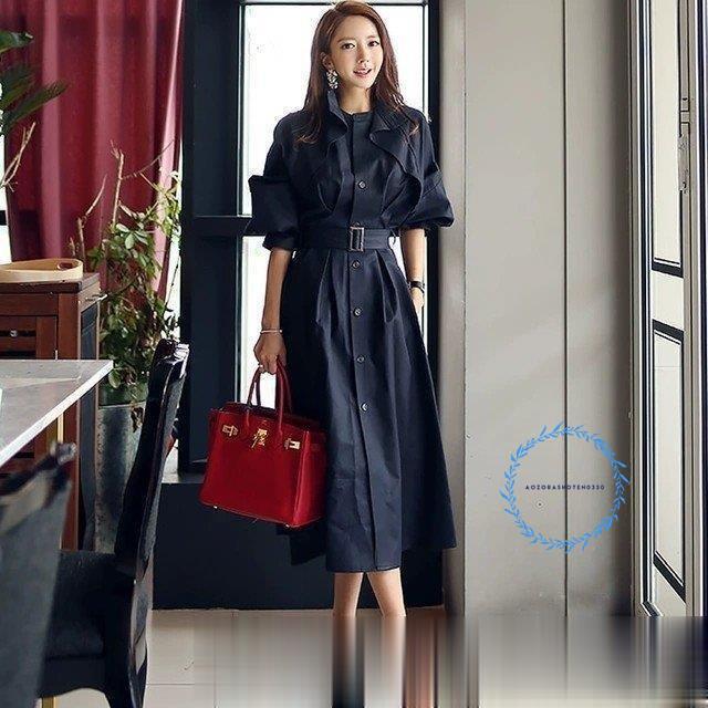 トレンチ風ワンピース ロング ミモレ丈 春 秋 冬 通勤 OL 紺色 フォーマル ロングワンピース ネイビー 長袖 トレンチコート レディース