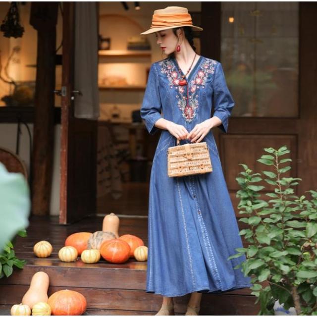 デニムワンピース シャツワンピース ジーンズ ロング丈 ワンピース 着痩せ 夏 五分袖 デニムシャツ 春秋 ジーンズ 花柄 前開き お出かけ ロングデニム上品