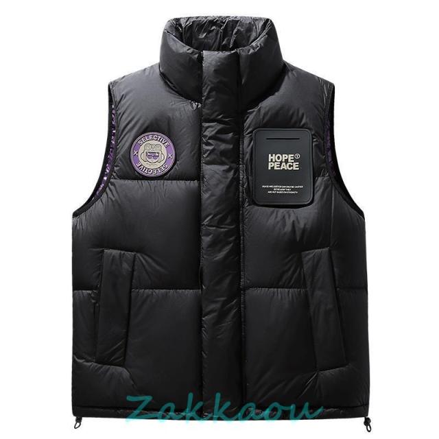 メンズ ダウンベスト 大きいサイズ おしゃれ ミリタリー ジャケット ワッペン付き ロゴ ワーク ダウンジャケット アウトドア 立ち襟 防寒着 防風 保温