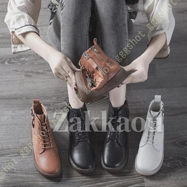レディース レースアップブーツ 本革 厚底 サイドジップ ローヒール 編み上げブーツ ショートブーツ ワークブーツ レザーブーツ 軽量 袴用 ぺたんこ