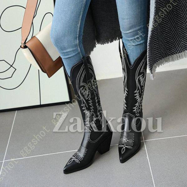 ブーツ レディース ロングブーツ 大きいサイズ ウエスタンブーツ 刺繍 ジョッキーブーツ ハイヒール 美脚 ブーツ Vカット 通学 美脚 7cm 太ヒール ハイヒール