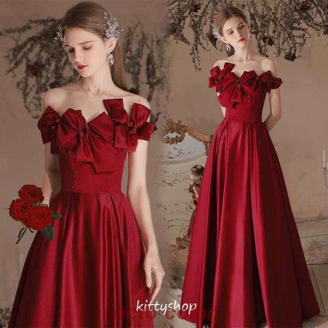 イブニングドレス ワイン赤 オフショルダー サテン ドレス 結婚式ドレス 二次会ドレス ゲストドレス 発表会ドレス 演奏会ドレス ロングドレス パーティードレス