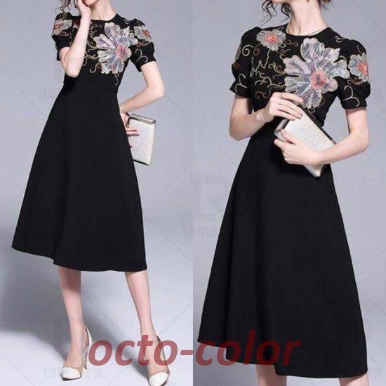 ワンピース ドレス 和柄 バルーンスリーブ パフスリーブ 半袖 フレア 膝丈 膝下 ミモレ丈 刺繍 黒花柄 大人 パーティー 大きいサイズ 20代 30代 40代