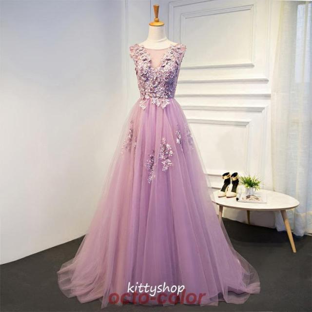 イブニングドレス パープル チュール ドレス 花柄 姫系 キレイめ ロングドレス 結婚式ドレス 二次会ドレス ノースリーブ 発表会ドレス パーティードレス