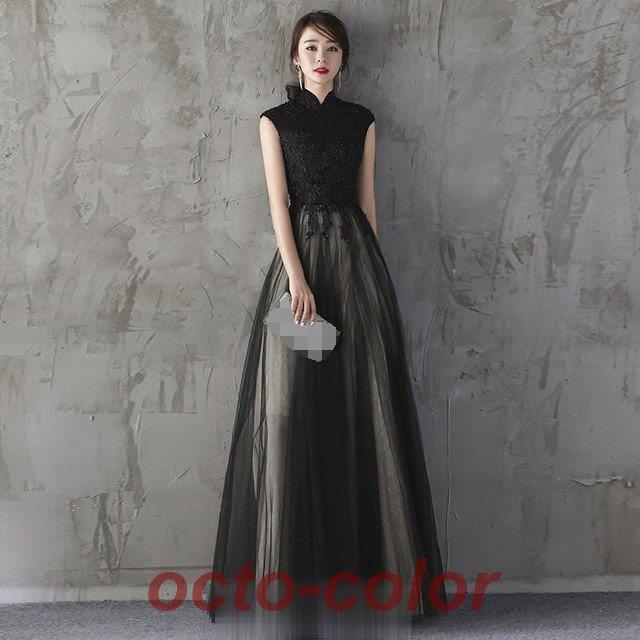 ブラック 黒 ロングドレス ミニドレス 2タイプ ノースリーブ 立ち襟 チャイナドレス パーティードレス 披露宴 二次会 イブニングドレス 30代 40代 50代