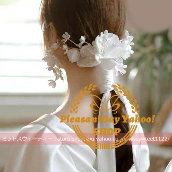 ウエディング ヘッドドレス リボン フラワー ホワイト 髪飾り 花嫁 ウェディング 結婚式 披露宴 ブライダル パーティー 二次会 韓国風 前撮り ヘアアクセサリー