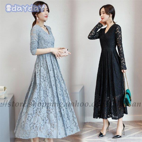 ロングワンピース パーティードレス 結婚式 Vネック お呼ばれ マキシ丈 総レースワンピース レディース きれいめ 二次会 披露宴 30代 40代 ワンピース