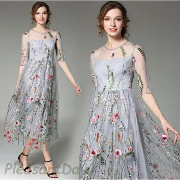 パーティードレス ミモレ丈 花柄刺繍ワンピース　20代 30代 40代　袖あり　パーティードレス レディース 結婚式 ミモレ丈 ワンピース　結婚式 二次会 謝恩会 成