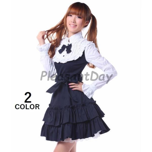 ミニワンピース ロリータワンピ 長袖 スタンドカラー バイカラー フレアスカート フリル付き ショート丈 ウエストリボン フェミニンスタイル レディー