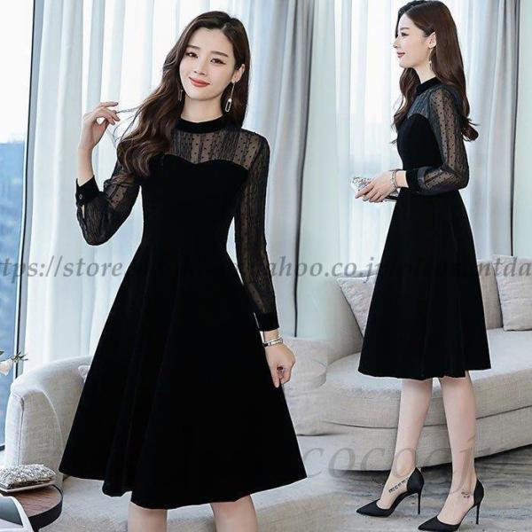 春ベルベット ワンピース ファッション結婚式 ベロア ワンピース パーティードレス 二次会 フォーマル レース 膝丈 披露宴 お呼ばれ 大人 20代30代40代50代