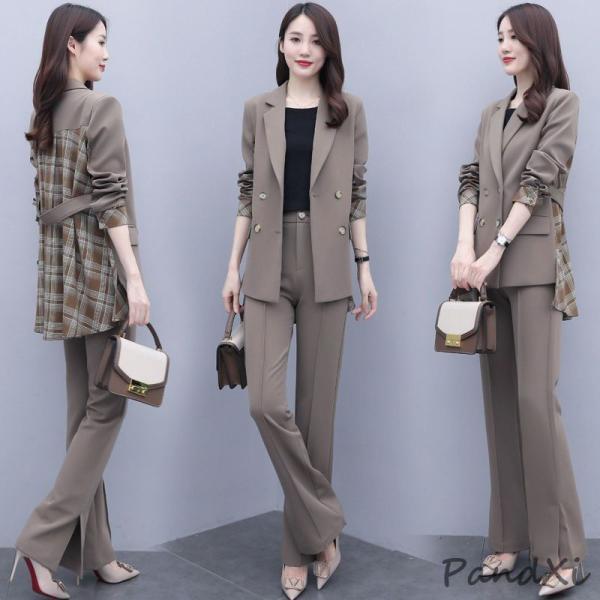 セットアップ レディース 秋 40代 コーデ フォーマル アウター コート チェック柄 長ズボン パンツスーツ 大きいサイズ きれいめ おしゃれ 着痩せ 通勤 OL