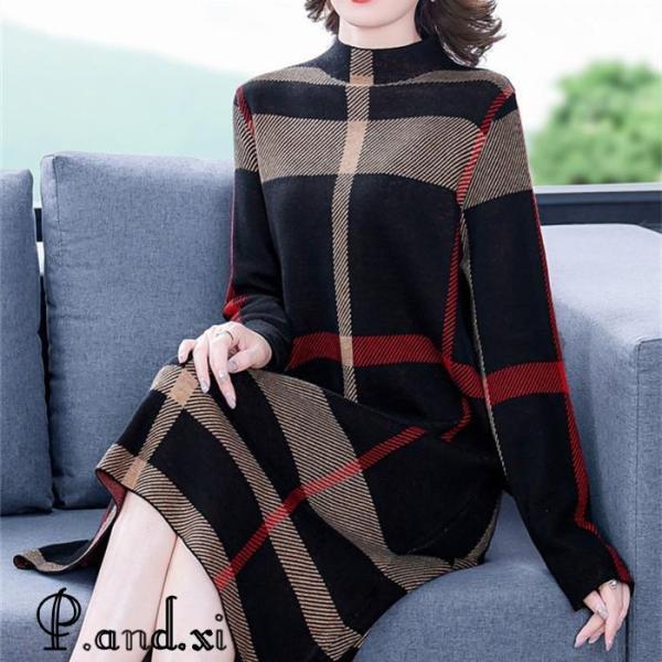 ニットワンピース ワンピース 冬 レディース 秋冬 ロング ニットワンピ ロング丈 きれいめ ニット チェック柄 ニット セーター ゆったり 韓国風 大人 40代