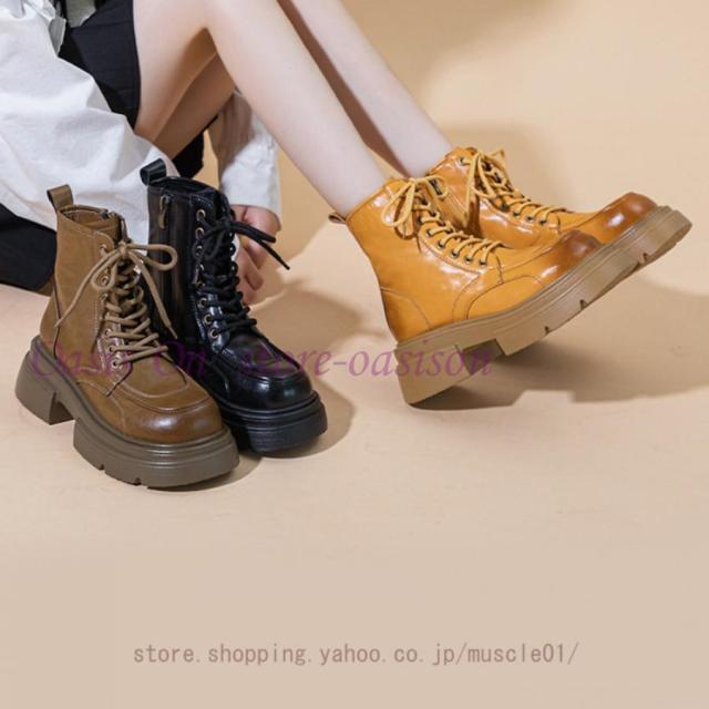 厚底 本革バイクブーツ おしゃれ 街歩きにも最適 厚底レースアップショートブーツ レディース シューズ 秋 冬 10代 20代 30代 韓国ファッション 韓国