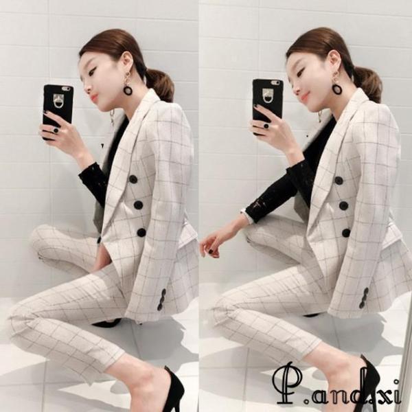 レディースファッション スーツ レディース チェック柄 ベージュ 2点セット パンツスーツ フォーマル レディーススーツ 通勤 OL お洒落 オフィ