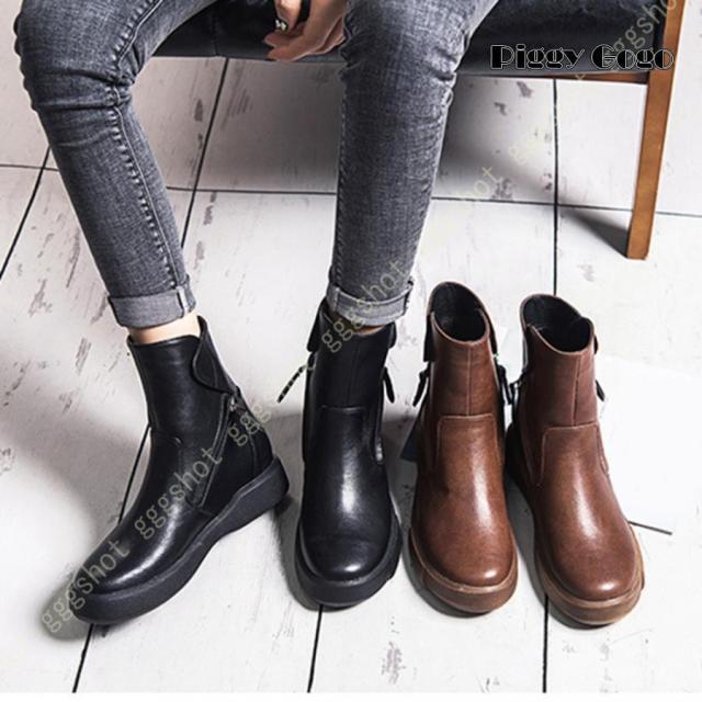 レディース ショートブーツ 革 柔らかい フラット ファスナー付き カジュアル 黒 シンプル ワークブーツ レディースブーツ ブーティ 茶 防寒ブーツ 秋 冬
