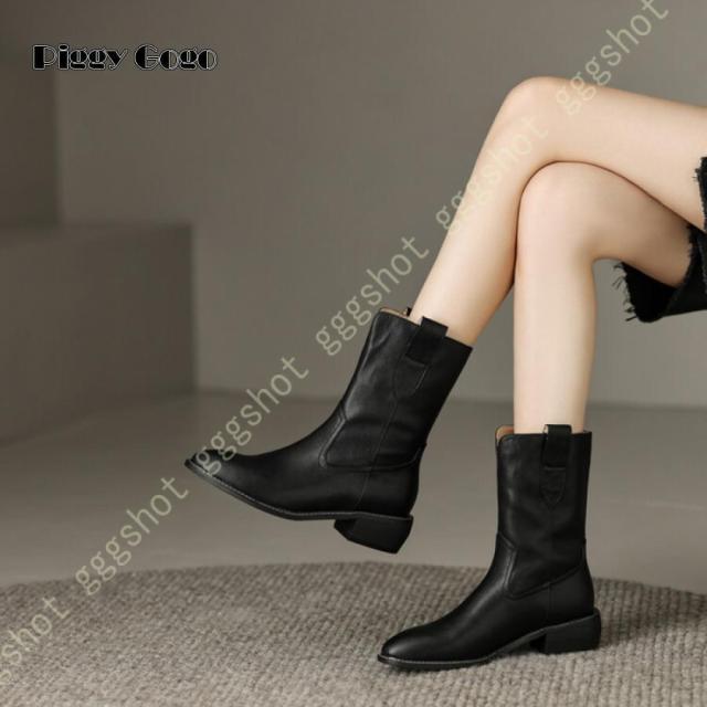 ミドル丈ウエスタンブーツ レディース ミドルブーツ ウエスタン 4.5cmヒールブーツ ポインテッドトゥ スタックヒール 痛くない ウエスタンブーツ ブーツ