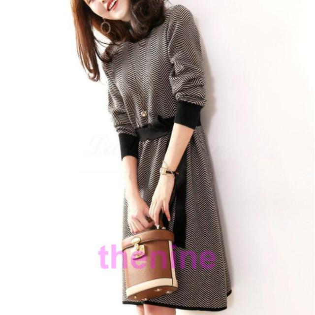 ワンピースレディース春秋　秋物きれいめロン丈上品長袖ワンピースuネック着痩せ通勤結婚式ドレスお出かけオシャレ春秋30代40代50代