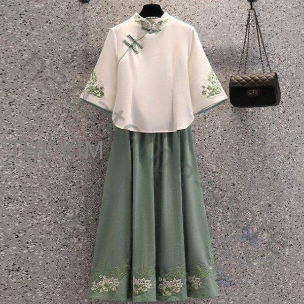 セットアップ レディース カジュアル 秋 2021 秋物 新作 2ピース ツーピース チャイナ風 チャイナ風トップス 半袖 刺繍 ロングスカート ロング丈 マキシ 裾刺繍