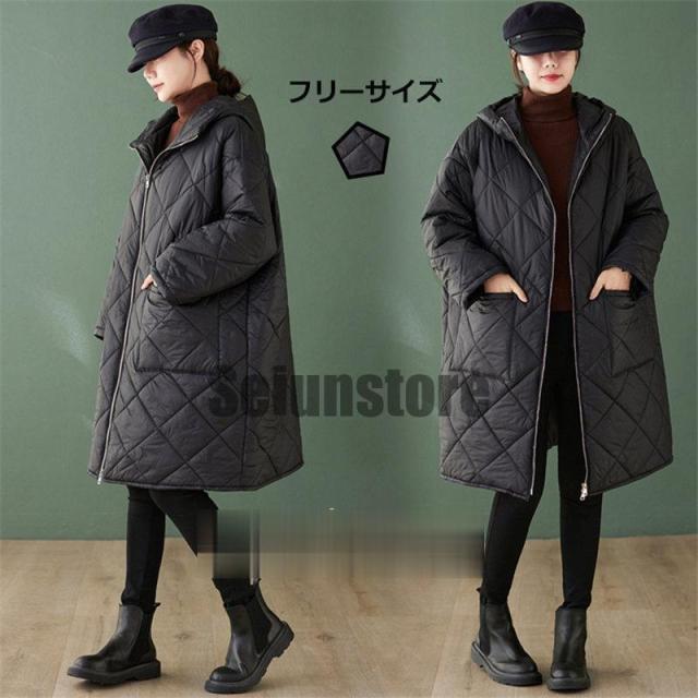 ダウンコート レディース フード付き ダウンジャケット ミディアム丈 中綿コート アウター 秋冬コート 防寒コート シンプル ジップ 着痩せ 保暖 防寒 暖かい