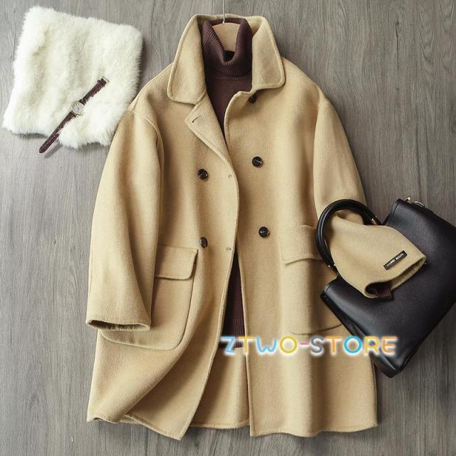 レディース 味わいが感じられ高級感溢れるウール地コート ピーコート 秋服 ダブルボタン仕様 ミディアム丈 襟付き 冬服 通学 通勤 オフィス 大人 可愛い