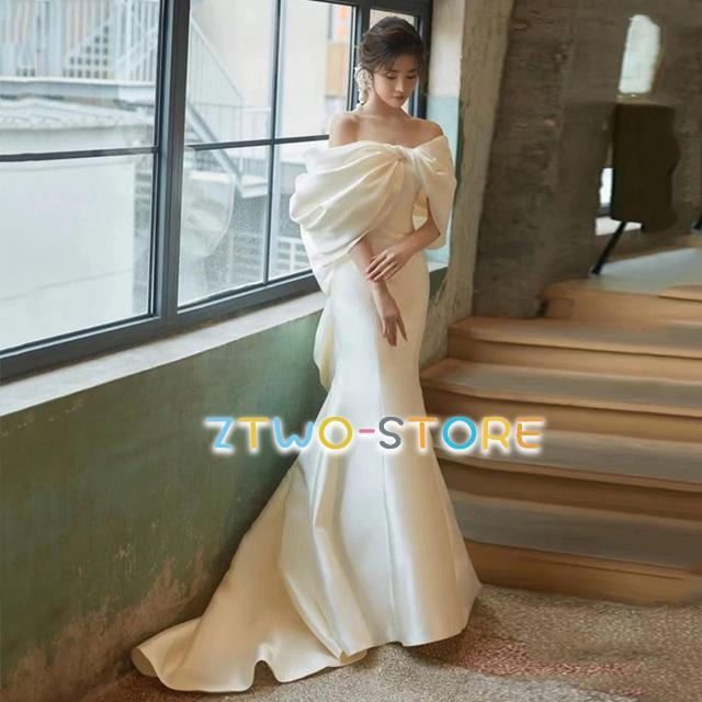 ウェディングドレス マーメイド オフショルダー ウェディングドレス 大きいサイズ 3L ウェディングドレス 二次会 袖あり シンプル リボン フォトウェディング