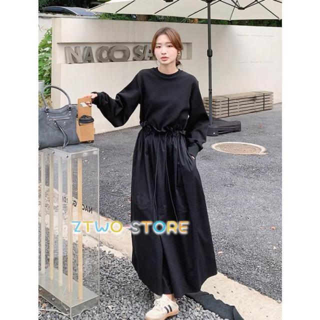 ワンピース レディース 長袖 切り替え スウェットワンピース ロング丈 フレア ウエストマーク 大きいサイズ 丸首 おしゃれ 韓国 ファッション 黒 秋冬 春