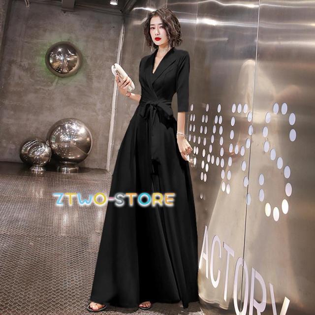 カシュクールドレス パーティードレス 結婚式 お呼ばれドレス 20代 30代 40代 50代 黒 ロングドレス 袖あり Aライン 大きいサイズ 3L 上品 お呼ばれ