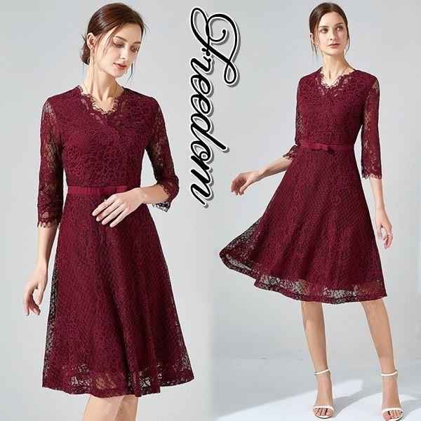 大きいサイズ ドレス 結婚式 お呼ばれ 発表会 謝恩会 深い渋みレッド！花柄総レース七分袖ドレスワンピース L 2L 3L 4L 5L 6L サイズ セール