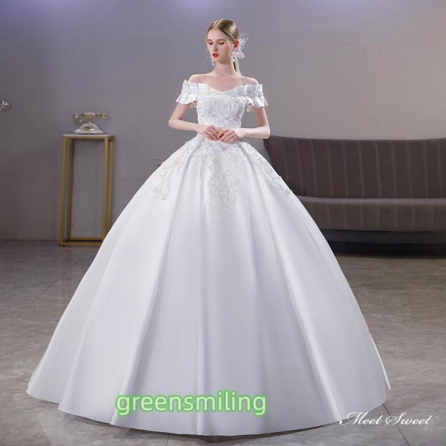 ウェディングドレス ロングドレス プリンセスラインドレス オフショルダー 二次会 結婚式 前撮り 花嫁 ウエディングドレス サテン 挙式 ブライダル