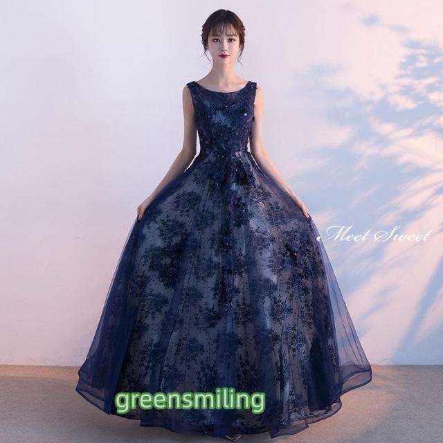 カラードレス ロングドレス ネイビー 花柄 ノースリーブ パーティードレス ウェディングドレス ウエディングドレス 結婚式 二次会 披露宴 花嫁 演奏会 発表会