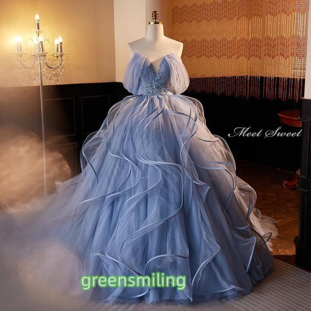 カラードレス ロングドレス プリンセスドレス ブルー フリル 結婚式 二次会 発表会 演奏会 ウェディングドレス ウエディングドレス コンサート イブニングドレス