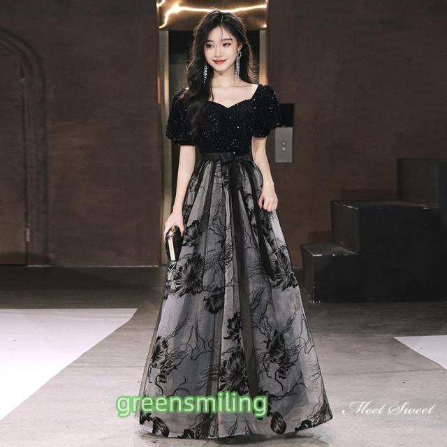 カラードレス ロングドレス パーティードレス ブラック 半袖 花柄 黒 ウェディングドレス ウエディングドレス 結婚式 二次会 花嫁 前撮り 演奏会 発表会