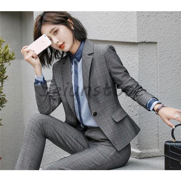 【爆買】スーツ レディース 上下セット 春秋 パンツセット チェック柄 ビジネススーツ リクルートスーツ 事務服 フォーマル 細身 OL ビジネス 通勤