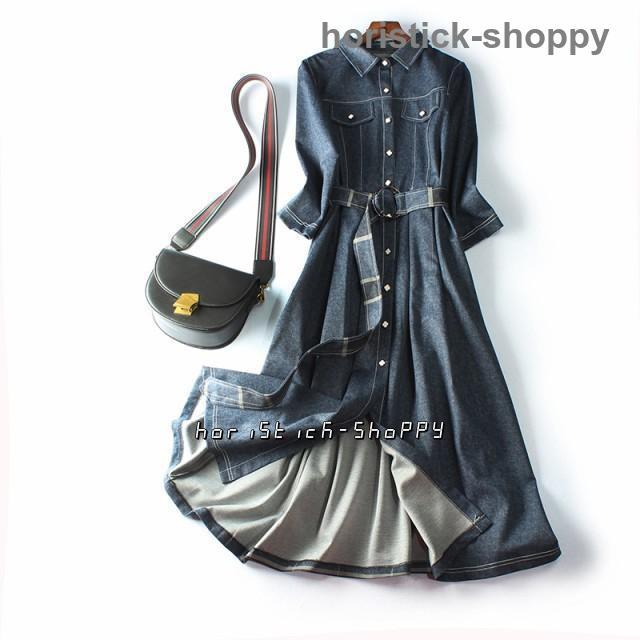デニム ワンピース ロング レディース デニムワンピース ロングワンピース 長袖 七分袖 大きいサイズ 3L 4L 切り替えワンピース ウエストマーク