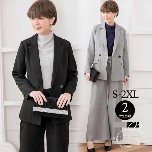 レディーススーツ パンツスーツ ブラウス付 ワイドパンツ 洗える ノーカラー 2点セット上品 入学式 卒業式