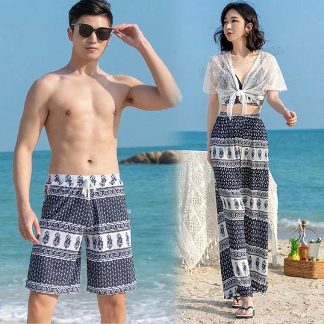 カップル 水着 ペア水着 カップル ペアルック 水着 カップルお揃い 花柄 メンズ レディース 4点セット ビキニ ビーチパンツ 水着 パレオ付き ビーチ水着 ラッシュガード セパレート  体型カバー オトナ メッシュ セットアップ 大人 露出控えめ おしゃれ シルエット
